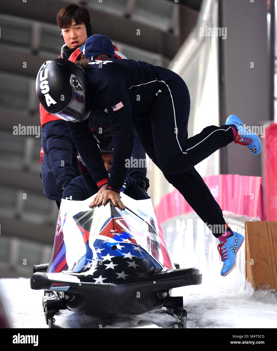 Elana Meyers Taylor (USA) jumps from the bobsleigh. Womens bobsleigh ...
