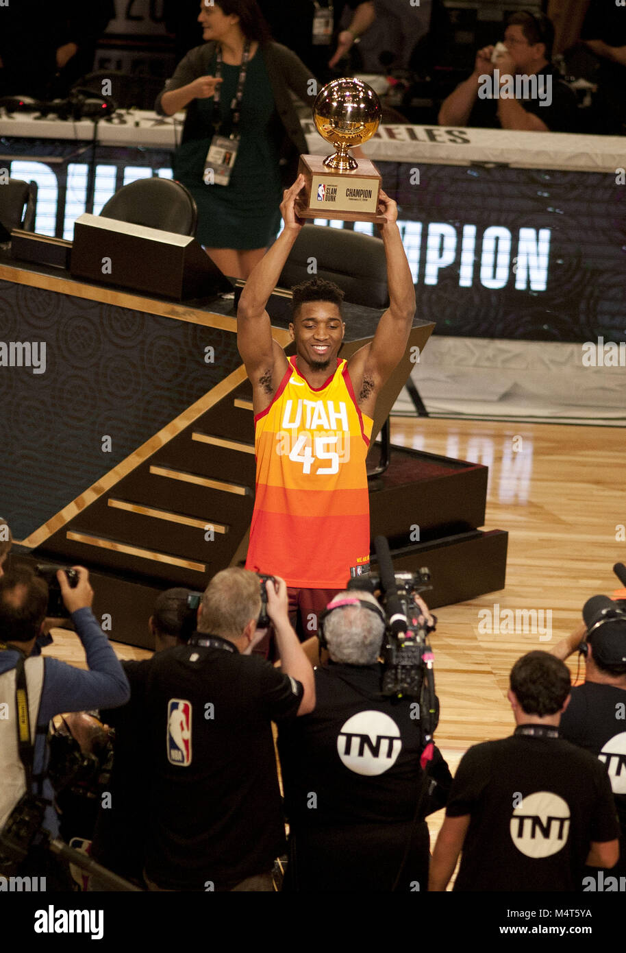 Los Angeles, CALIFORNIA, USA. 17th Feb, 2018. Donovan Mitchell #45 of the Utah Jazz holds the ...