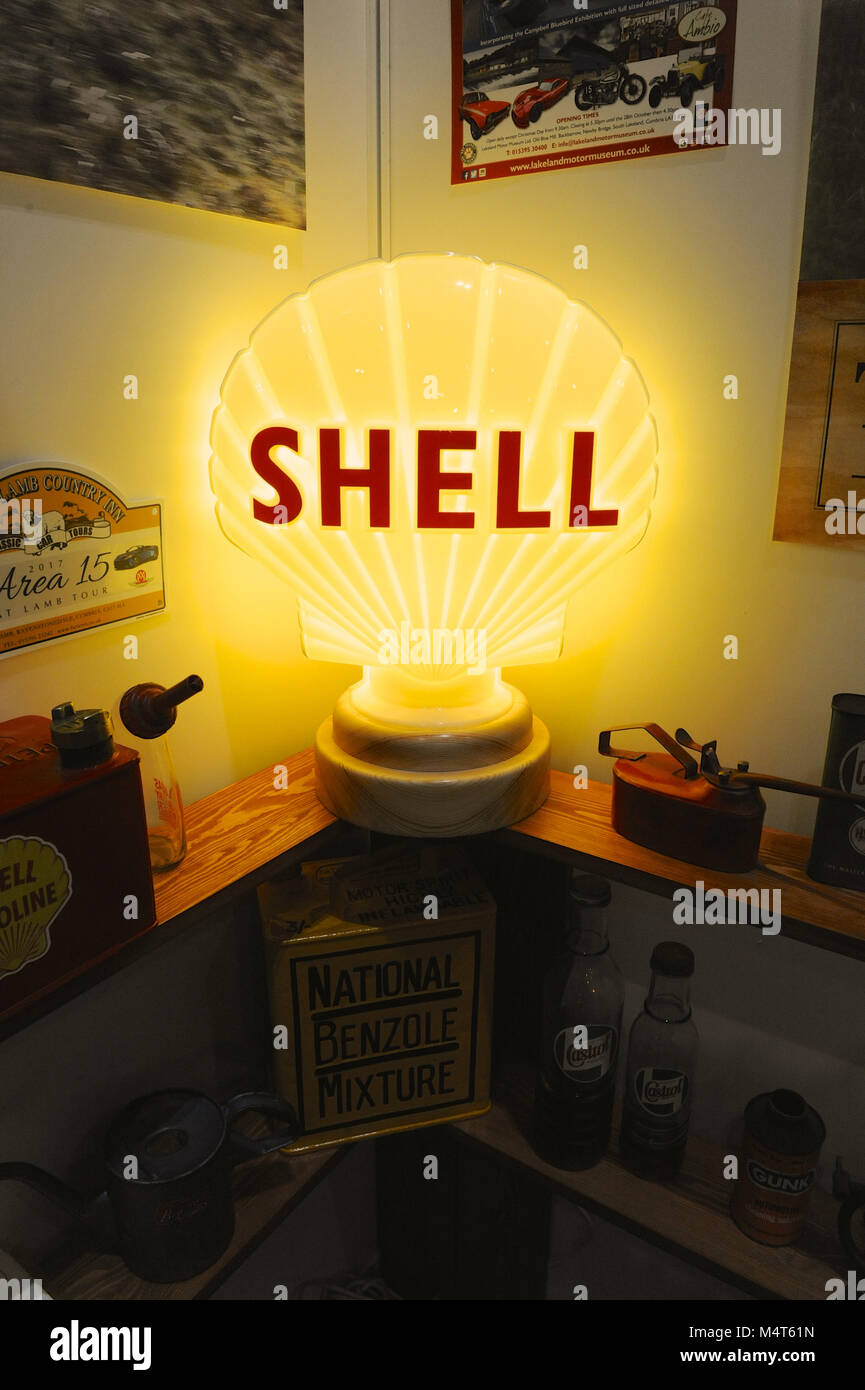 An illuminated Shell Sign on display at the London Classic Car Show ...