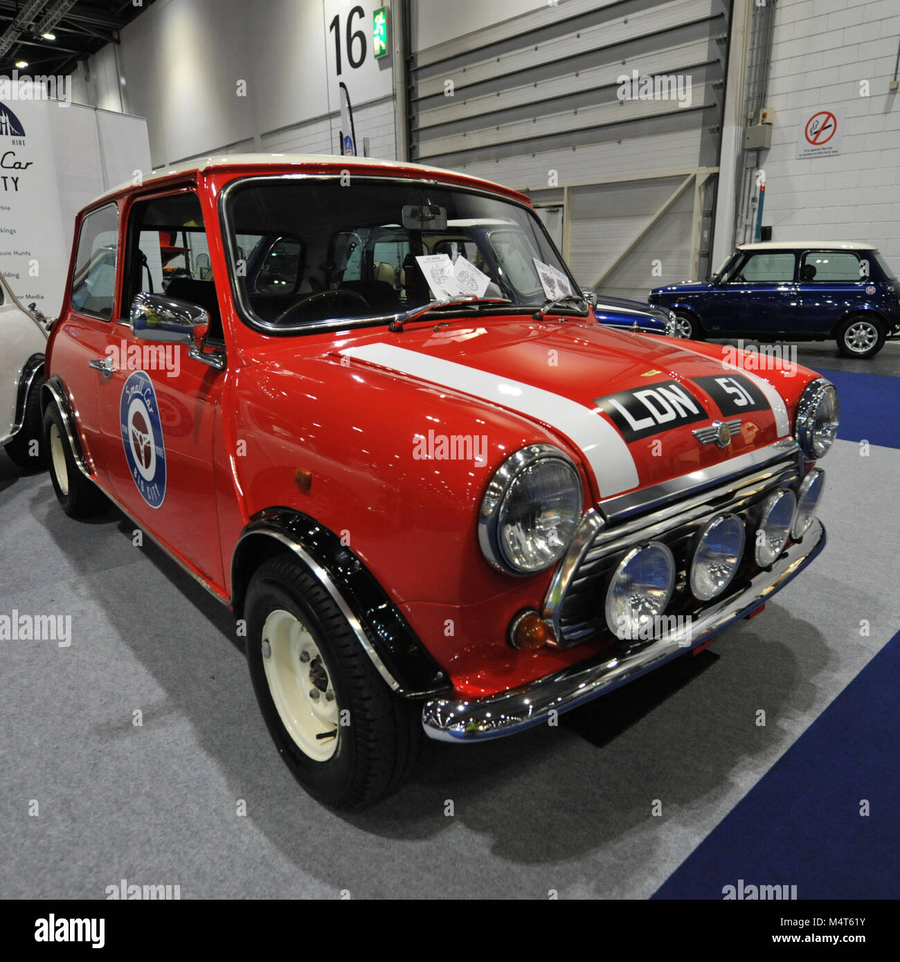 A vintage Mini on display at the London Classic Car Show which is ...