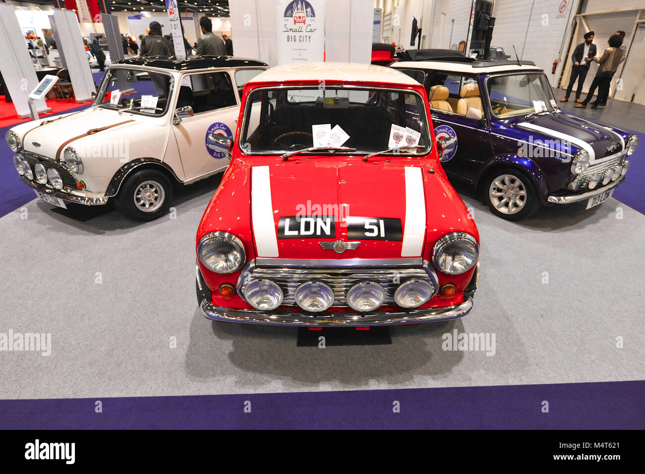 Vintage Minis on display at the London Classic Car Show which is taking ...