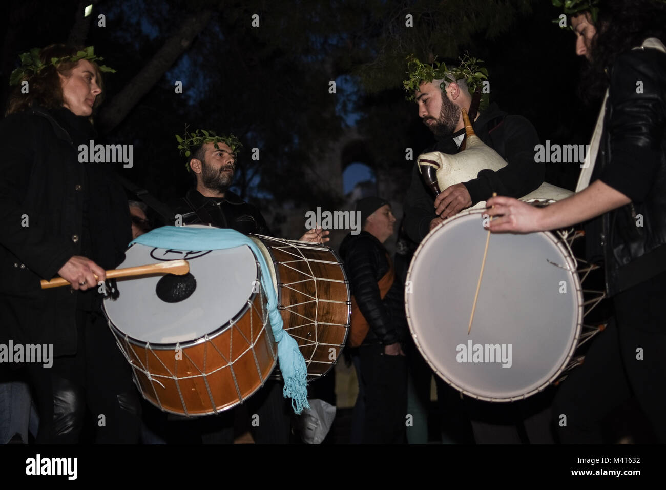 Athens, Greece. 17th Feb, 2018. Participants seen playing traditional ...