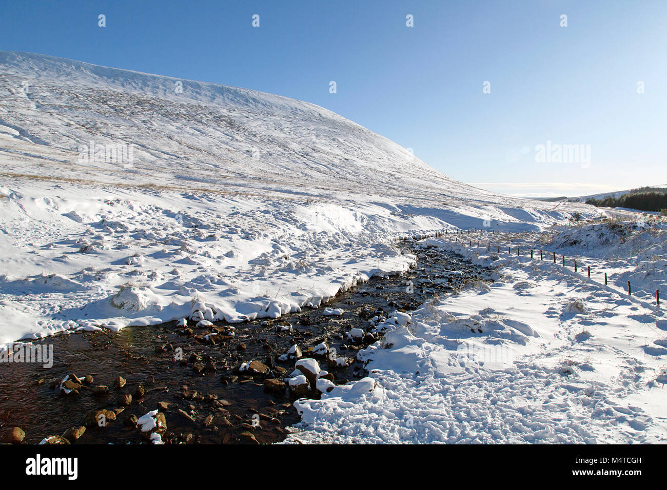 Landscape with winter snow and blue sky background at Brecon Beacons ...