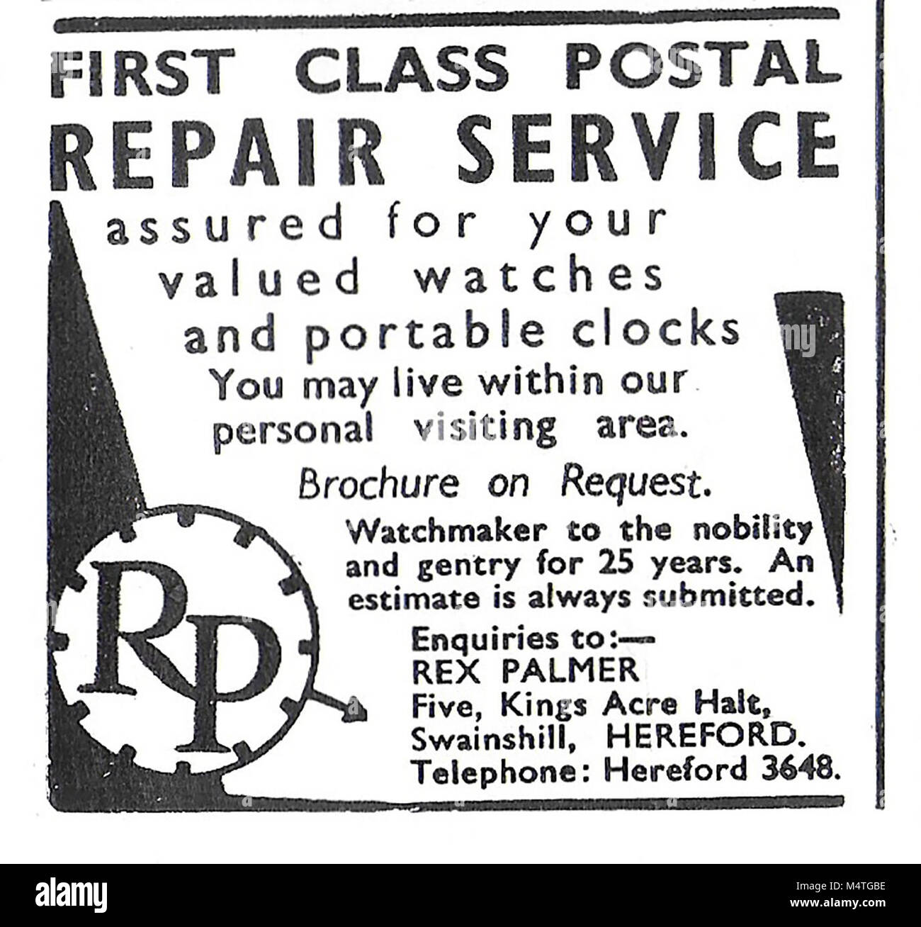 Rex Palmer postal clock repair service advert, advertising in Country ...