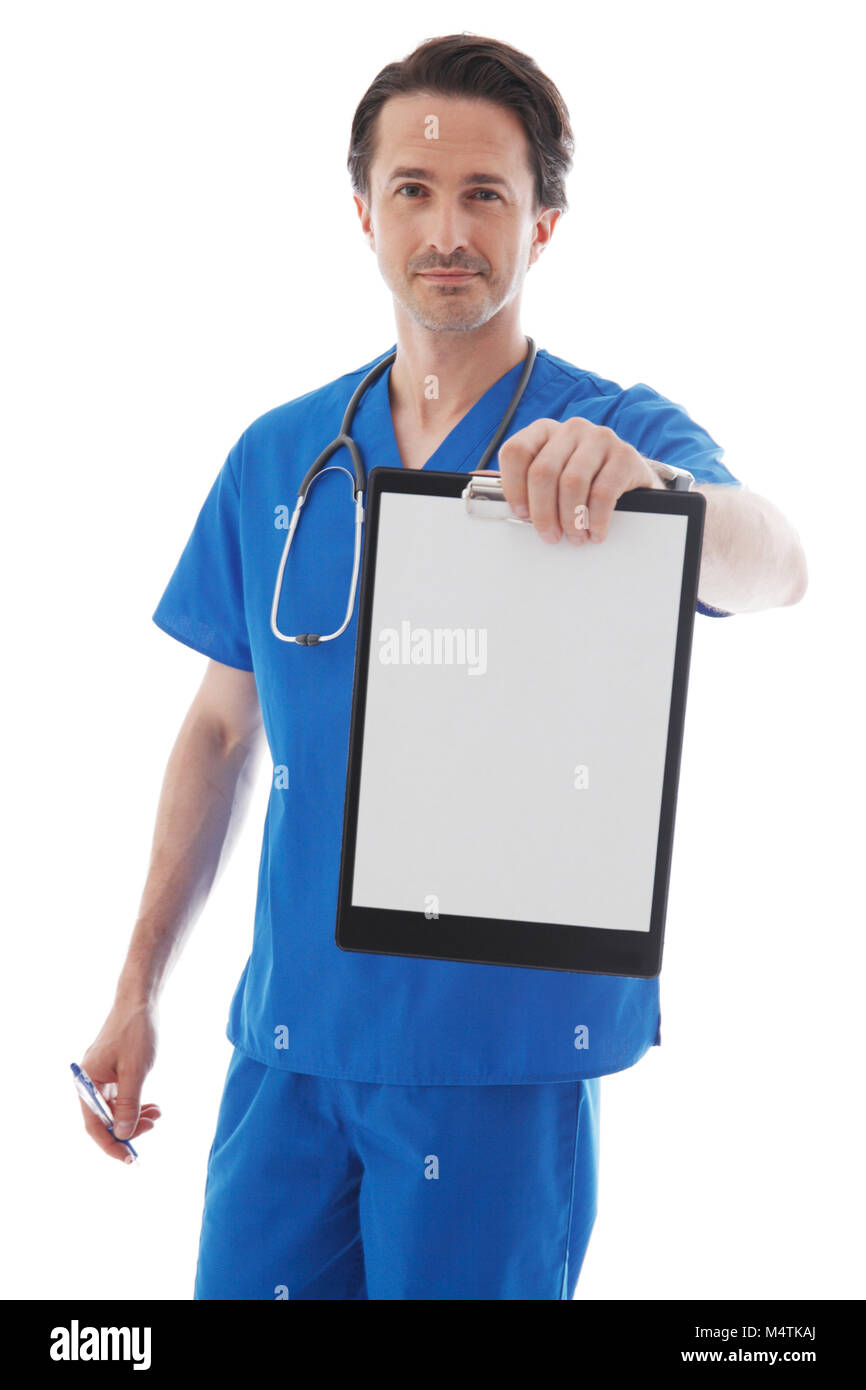 Portrait of young doctor in blue uniform isolated on white background ...