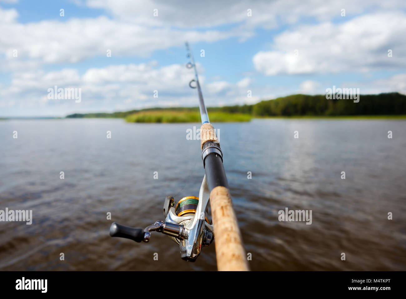 fishing rod on the background of a blurred islet of green grass. focus ...