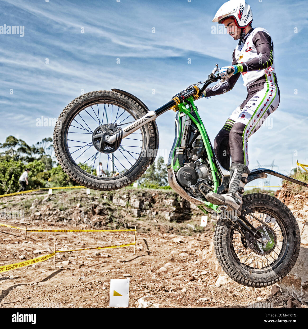 Trials motorbike rider takes to the air during the Portugal National ...