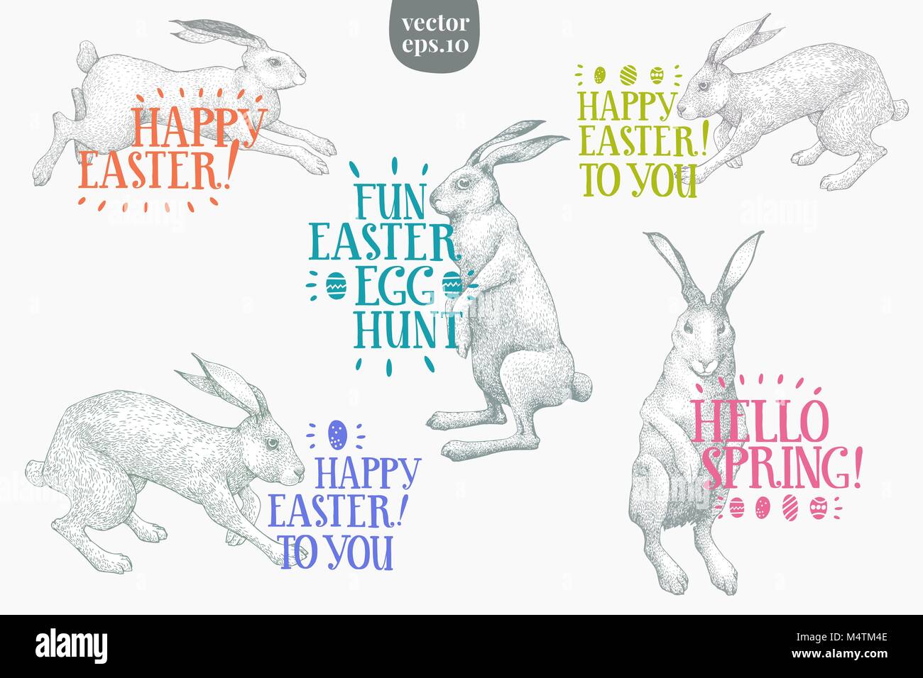 Hand drawn Easter rabbits with greeting lettering. Spring vector ...