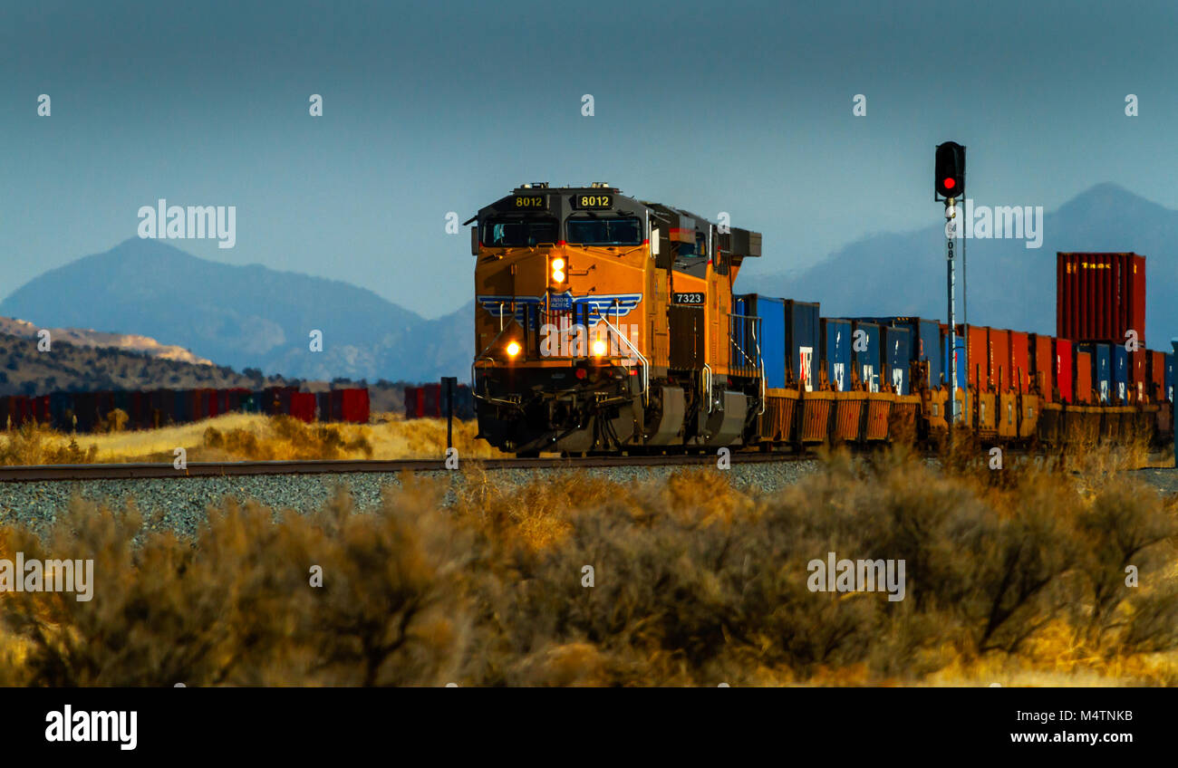 Union Pacific Locomotive hauling a very long train of shipping ...