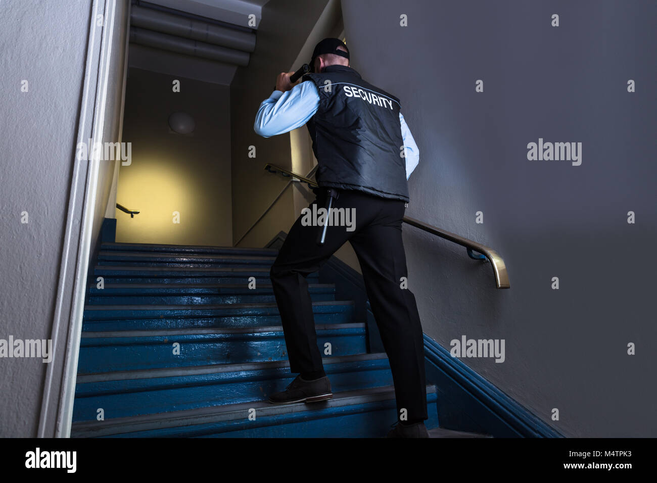 Rear View Of A Male Security Officer With Flashlight Stock Photo - Alamy