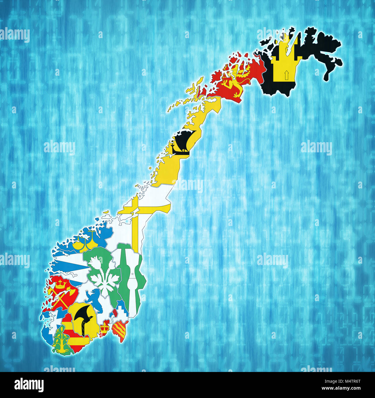 emblems of counties on digital map of Norway with administrative ...
