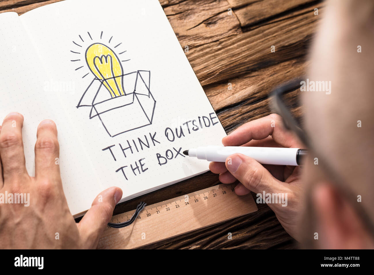 Businessman Drawing The Think Outside The Box Concept Chart On Notebook ...