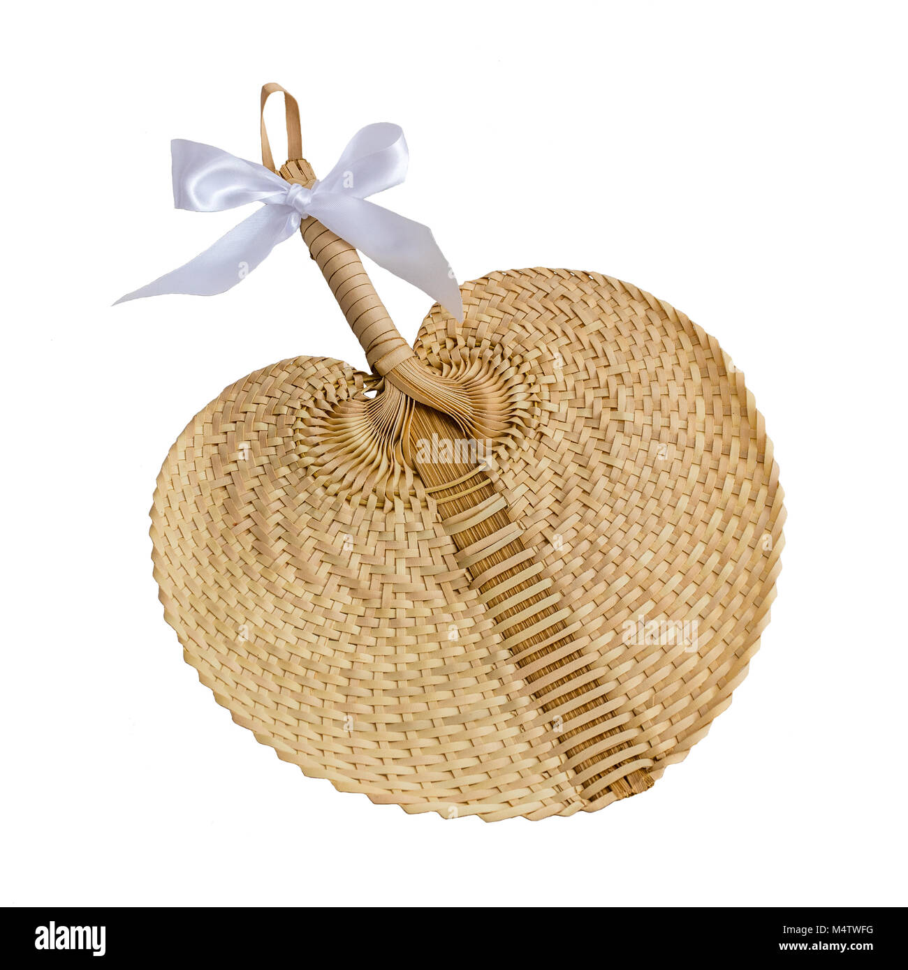 Straw hand fan with white ribbon bow. White background, isolated object ...