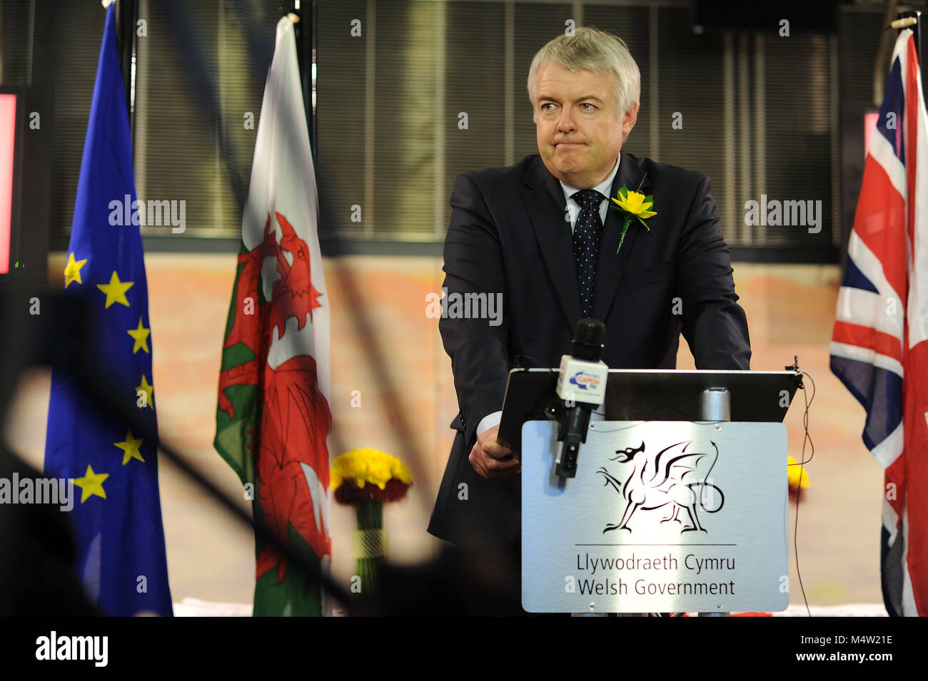 First Minister of Wales Carwyn Jones AM speaks at the Senedd in Cardiff ...