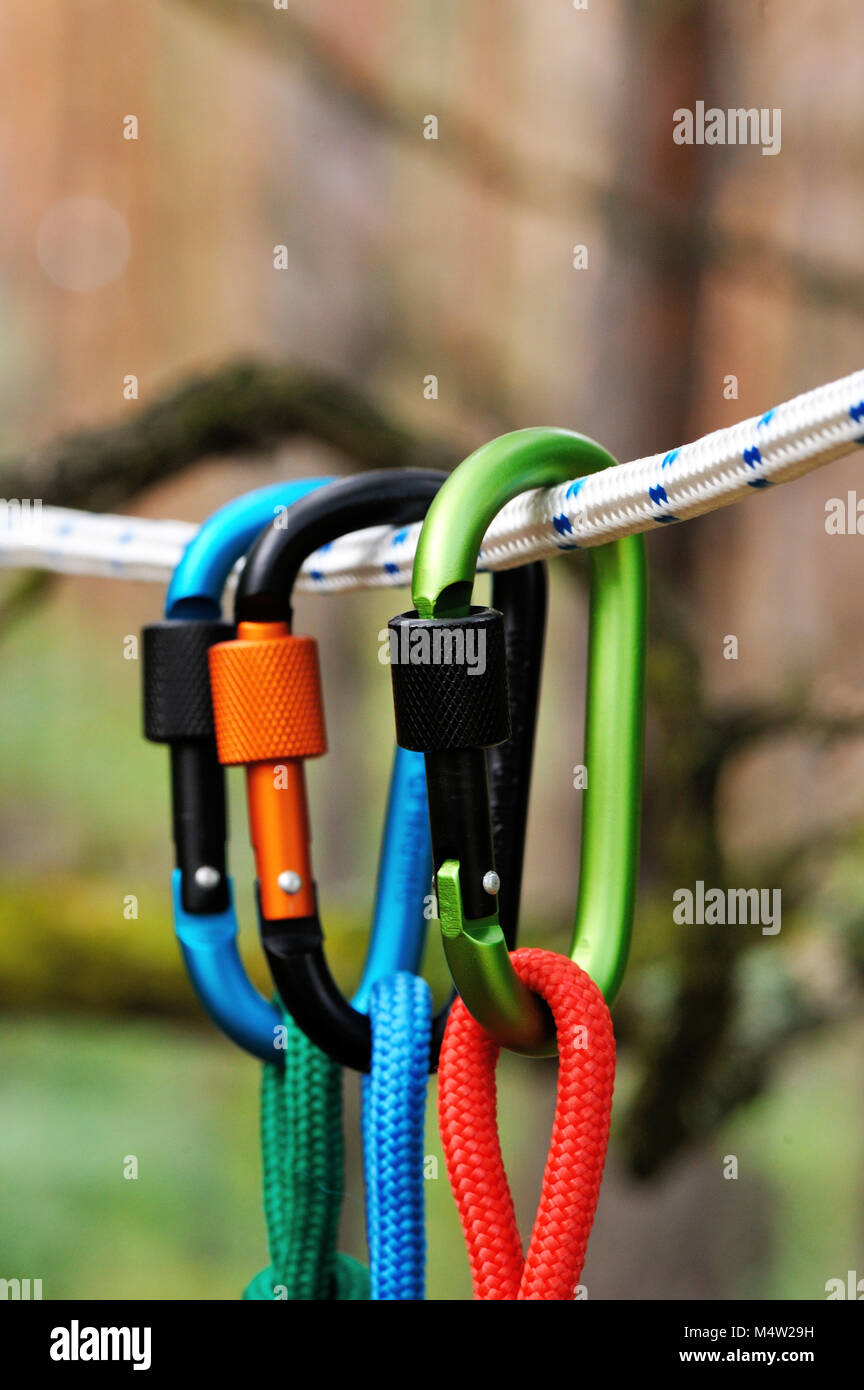 Carabiner with rope on nature background. Climbing uquipment.Climbing ...