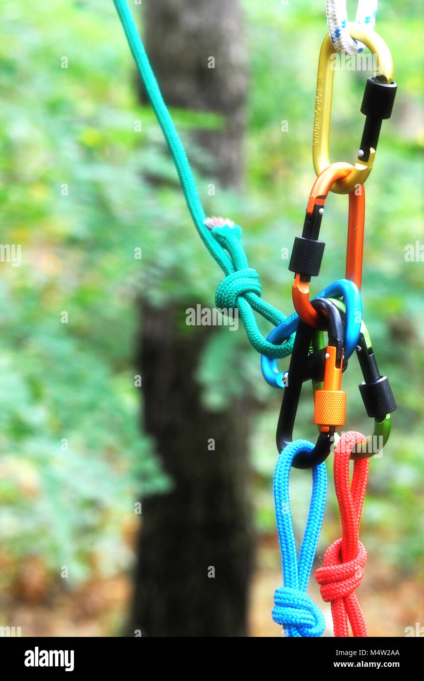 Carabiner with rope on nature background. Climbing uquipment.Climbing ...