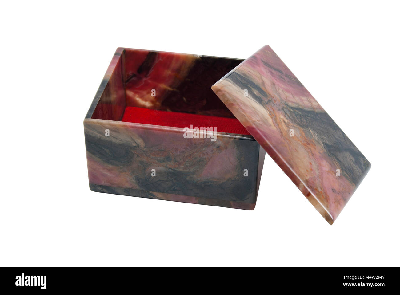 small simple stone box of polished rhodonite with an open lid isolated ...
