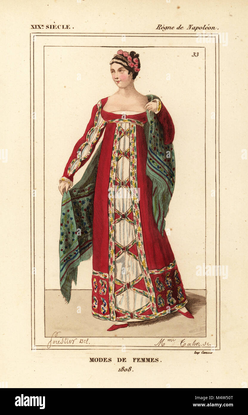 French women's fashions, evening ball gown, Napoleonic era, 1808 ...