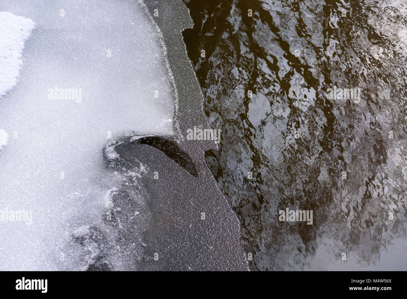 overhead view of ice receeding and water flowing in early spring Stock ...