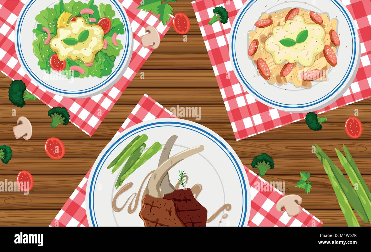 Different types of food on wooden table illustration Stock Vector Image ...