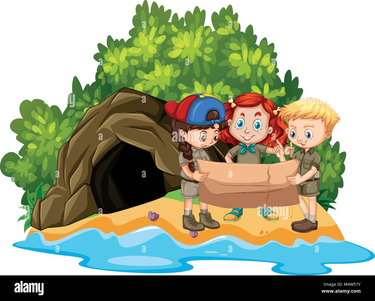 Three kids looking at map in front of cave on island illustration Stock ...