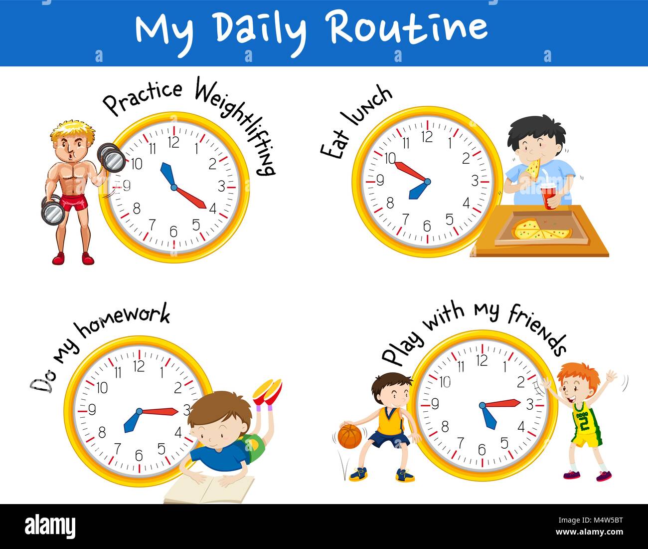 Daily routine for different people with yellow clocks illustration ...