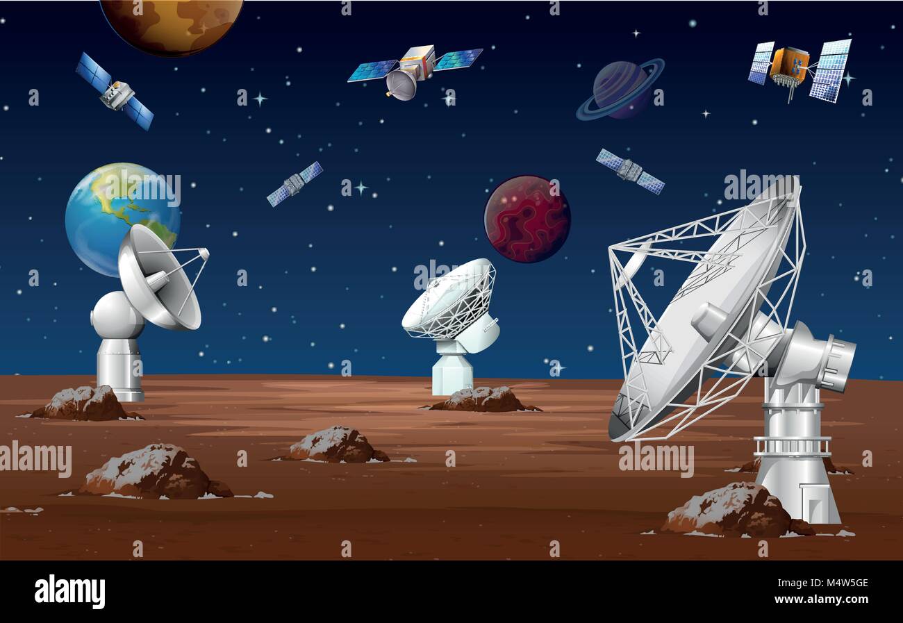 Satellites orbitting around the planet illustration Stock Vector Image ...