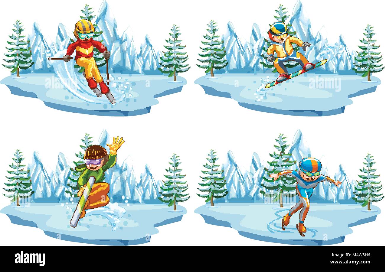 Four scenes with people playing ski and snowboarding illustration Stock ...