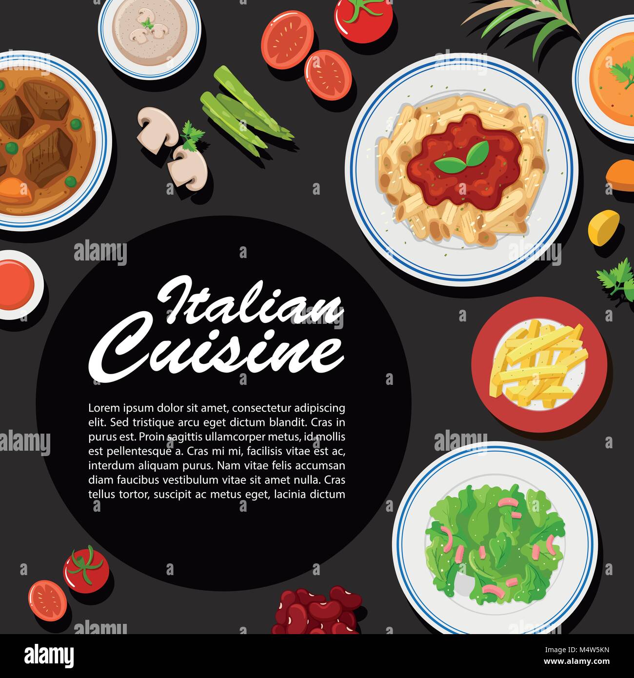 Italian cuisine poster design with different plates illustration Stock ...