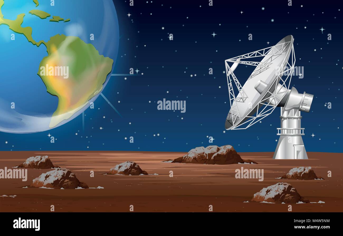 Space technology with satellite dish and earth illustration Stock ...
