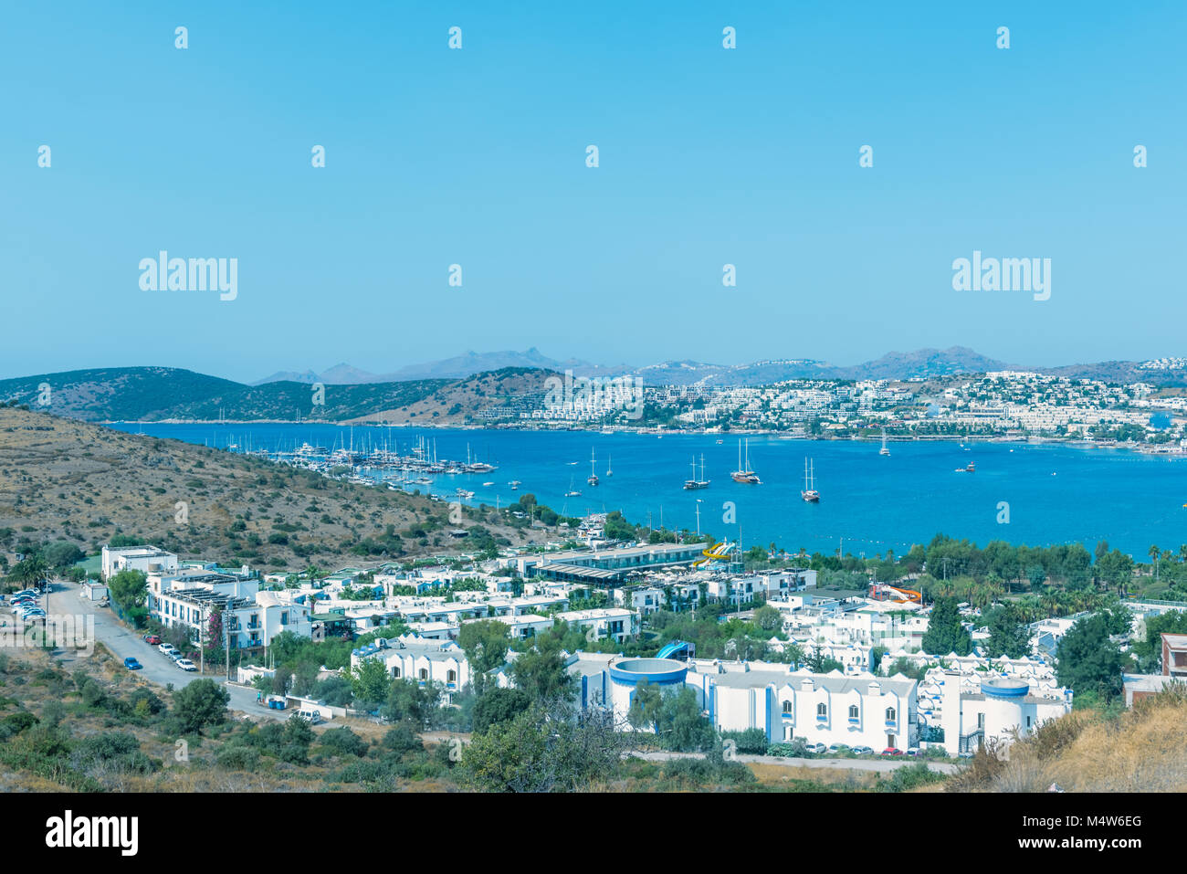 Cityscape Aerial view of typical Aegean architecture houses and Marine ...