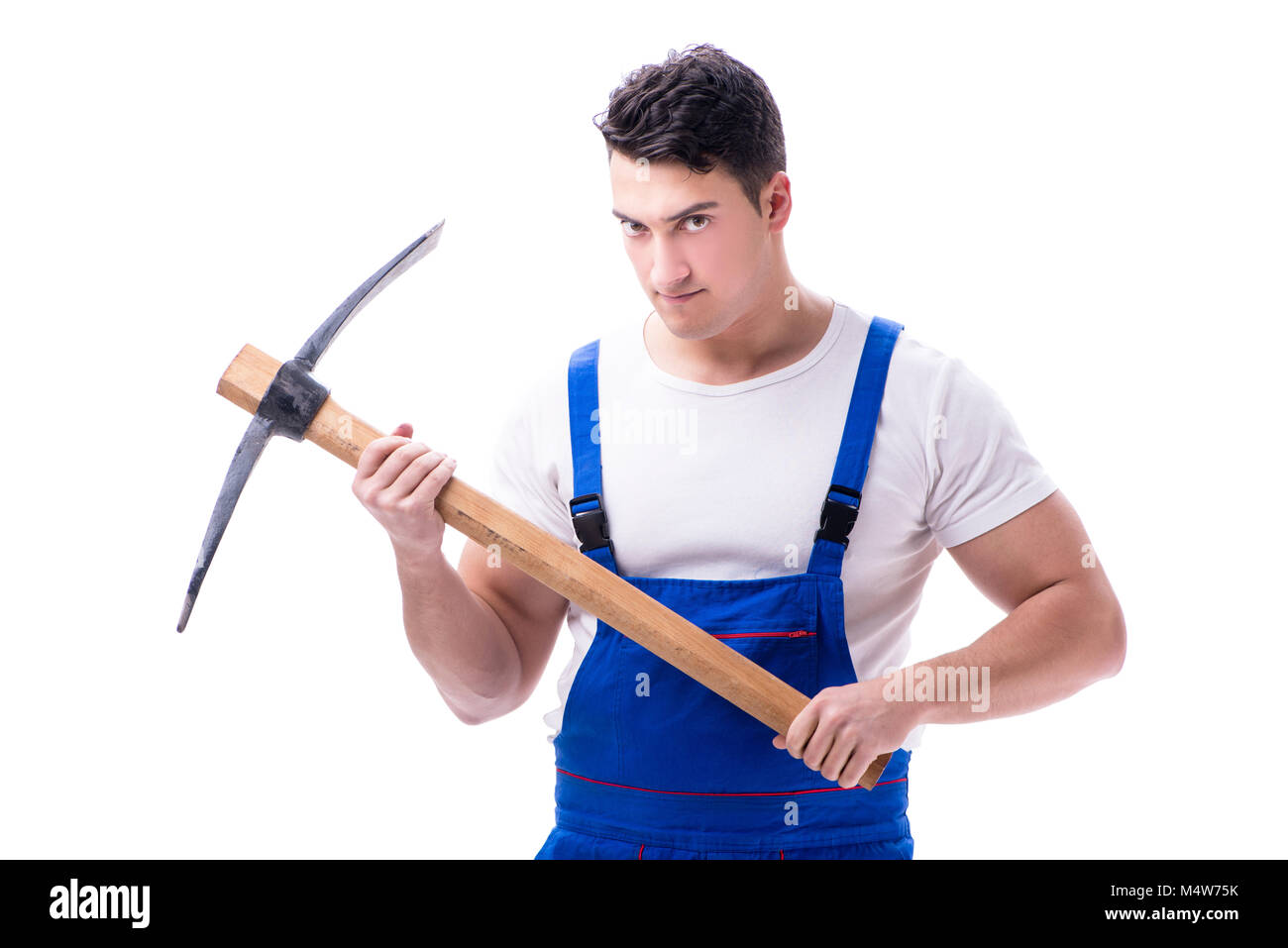 Man with a digging axe hoe on white background isolated Stock Photo - Alamy