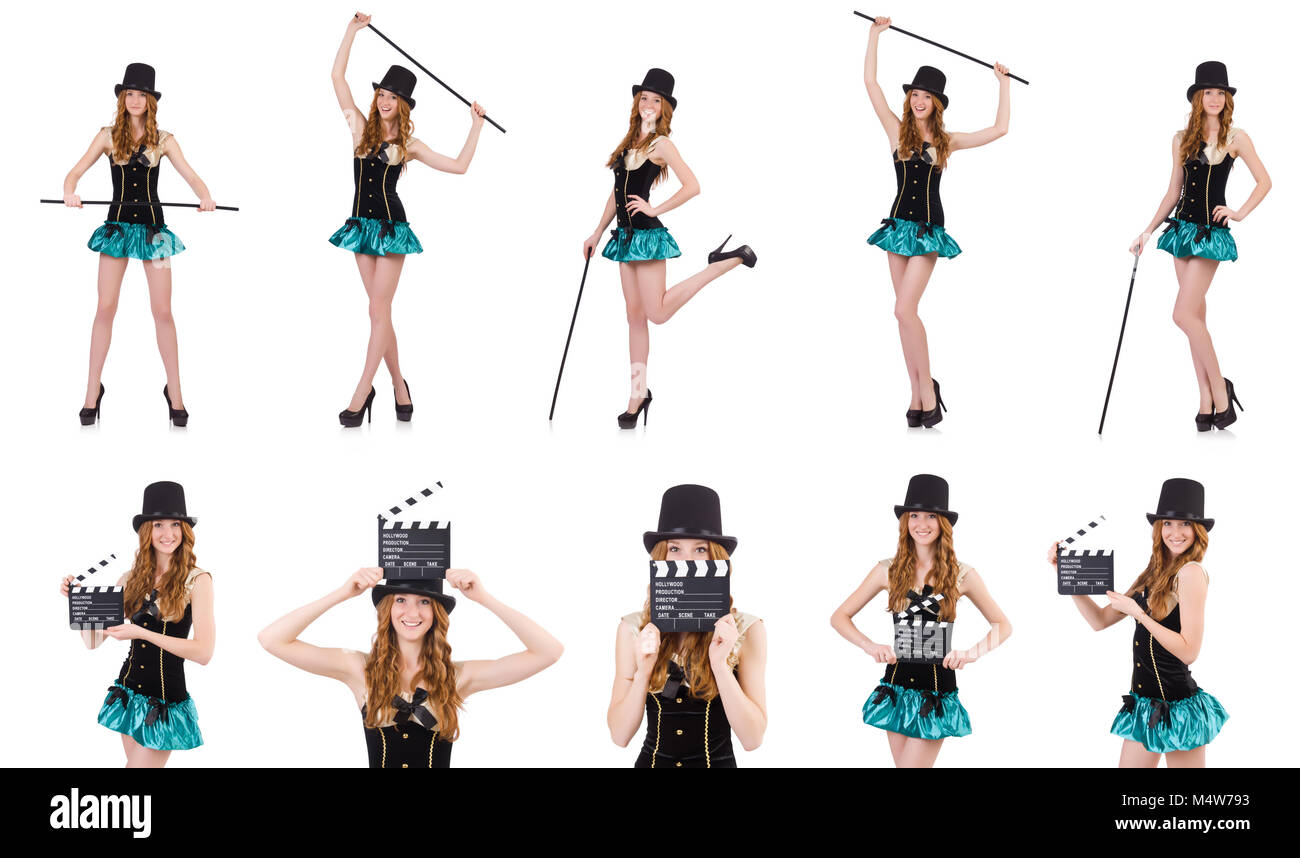 Dancing woman magician with walking stick isolated on white Stock Photo ...