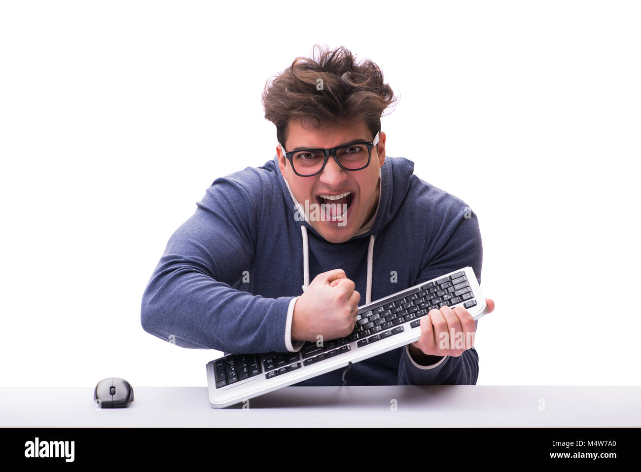 Funny nerd man working on computer isolated on white Stock Photo - Alamy