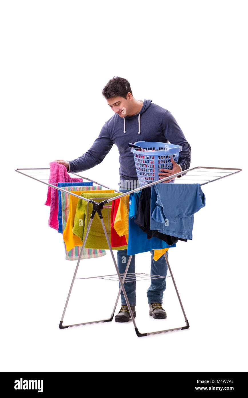 Husband man doing laundry isolated on white Stock Photo - Alamy