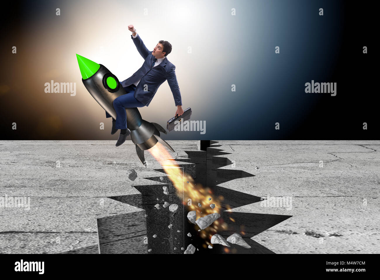 Businessman flying on rocket from rock gap Stock Photo - Alamy