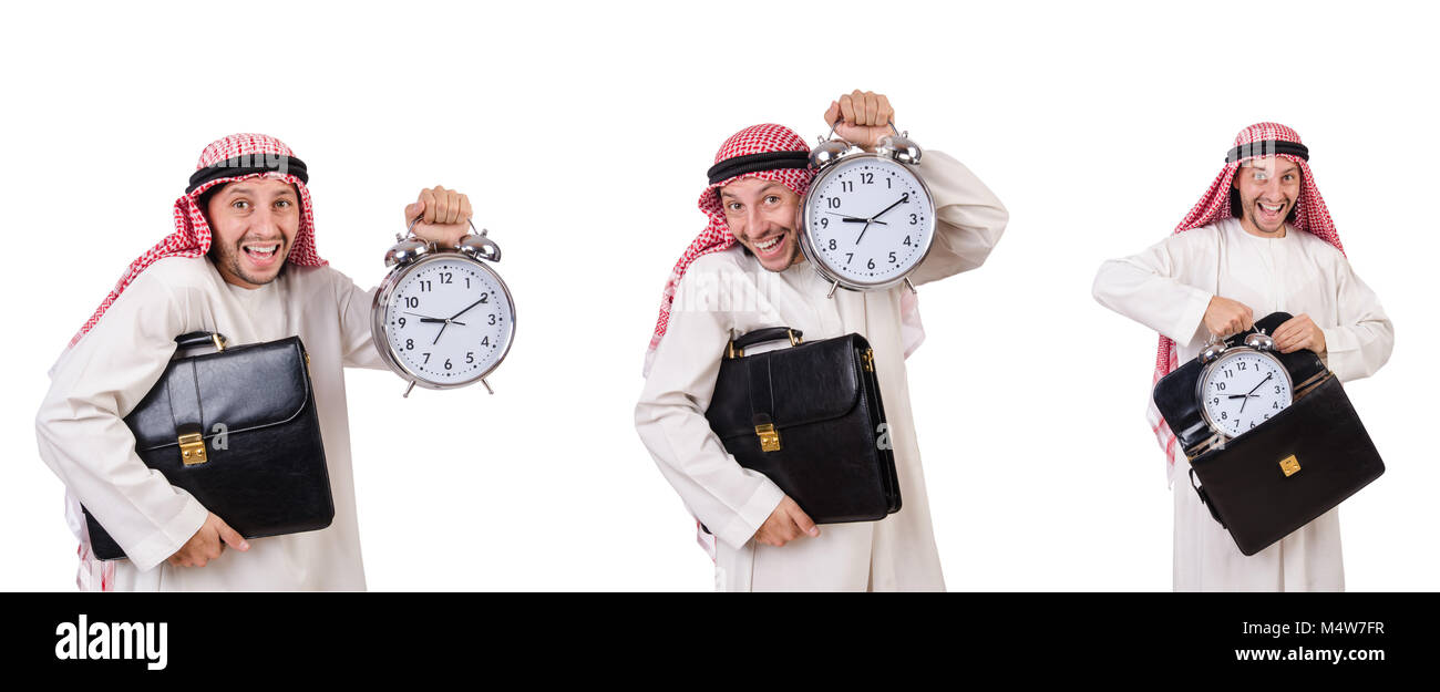 Arab man in time concept on white Stock Photo - Alamy