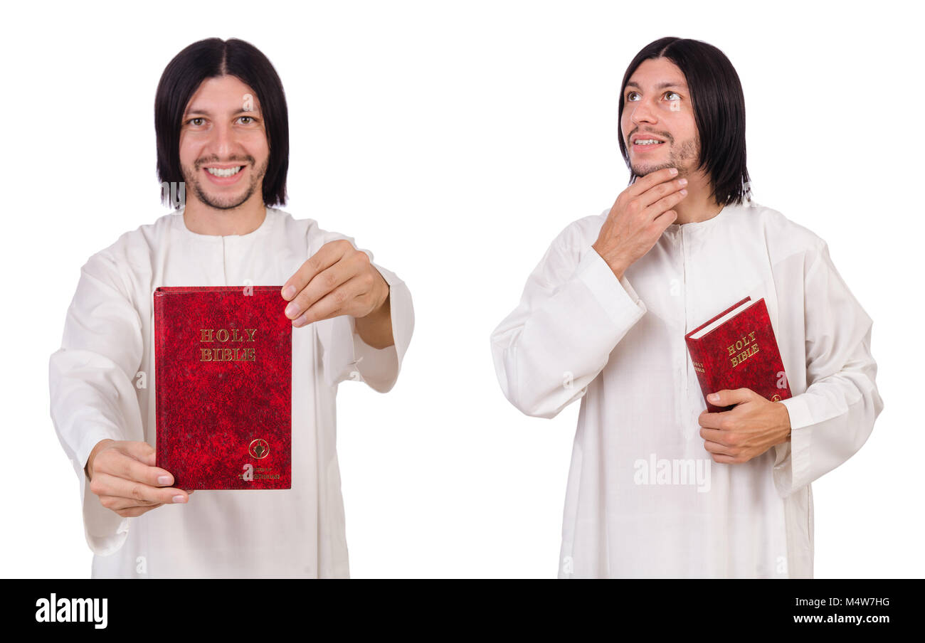 Young priest with bible isolated on white Stock Photo - Alamy