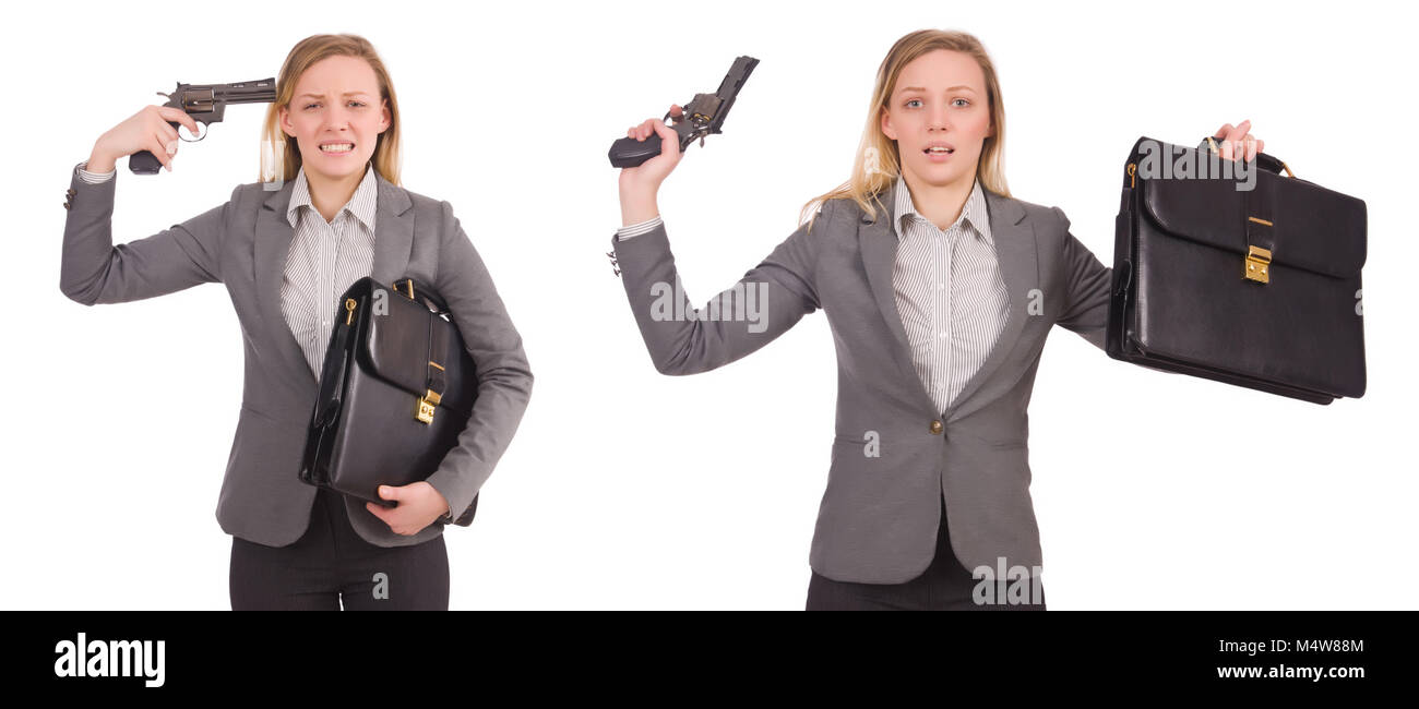 Businesswoman with gun isolated on white Stock Photo - Alamy