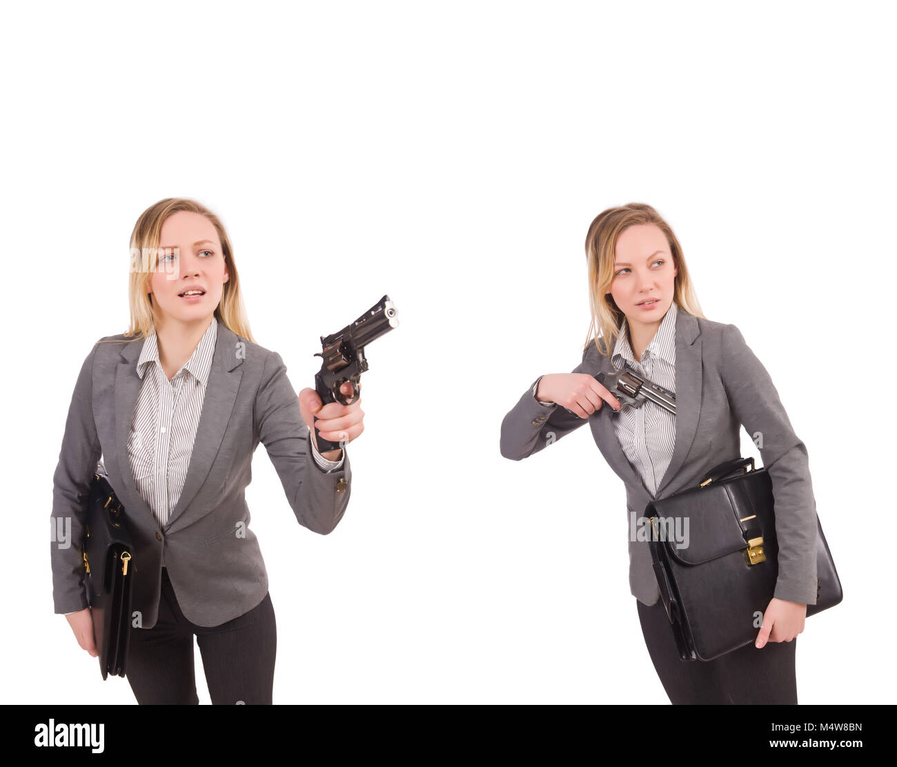 Businesswoman with gun isolated on white Stock Photo - Alamy
