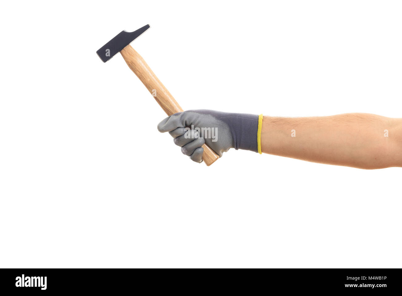 Gloved hand holding a hammer hand tool isolated on white background ...