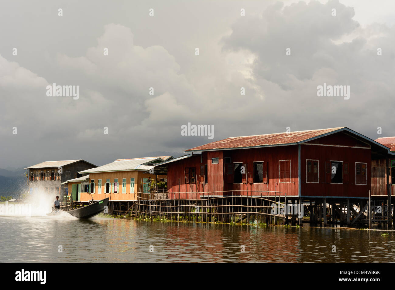 Nyaung Shwe: houses on stilts, boat, Inle Lake, Shan State, Myanmar ...