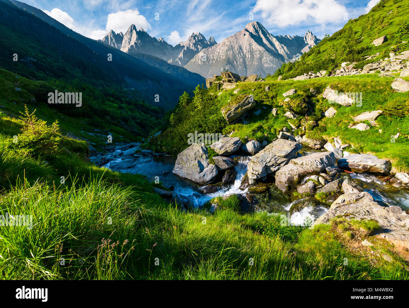 wild stream among the rocks. beautiful composite landscape with grassy ...