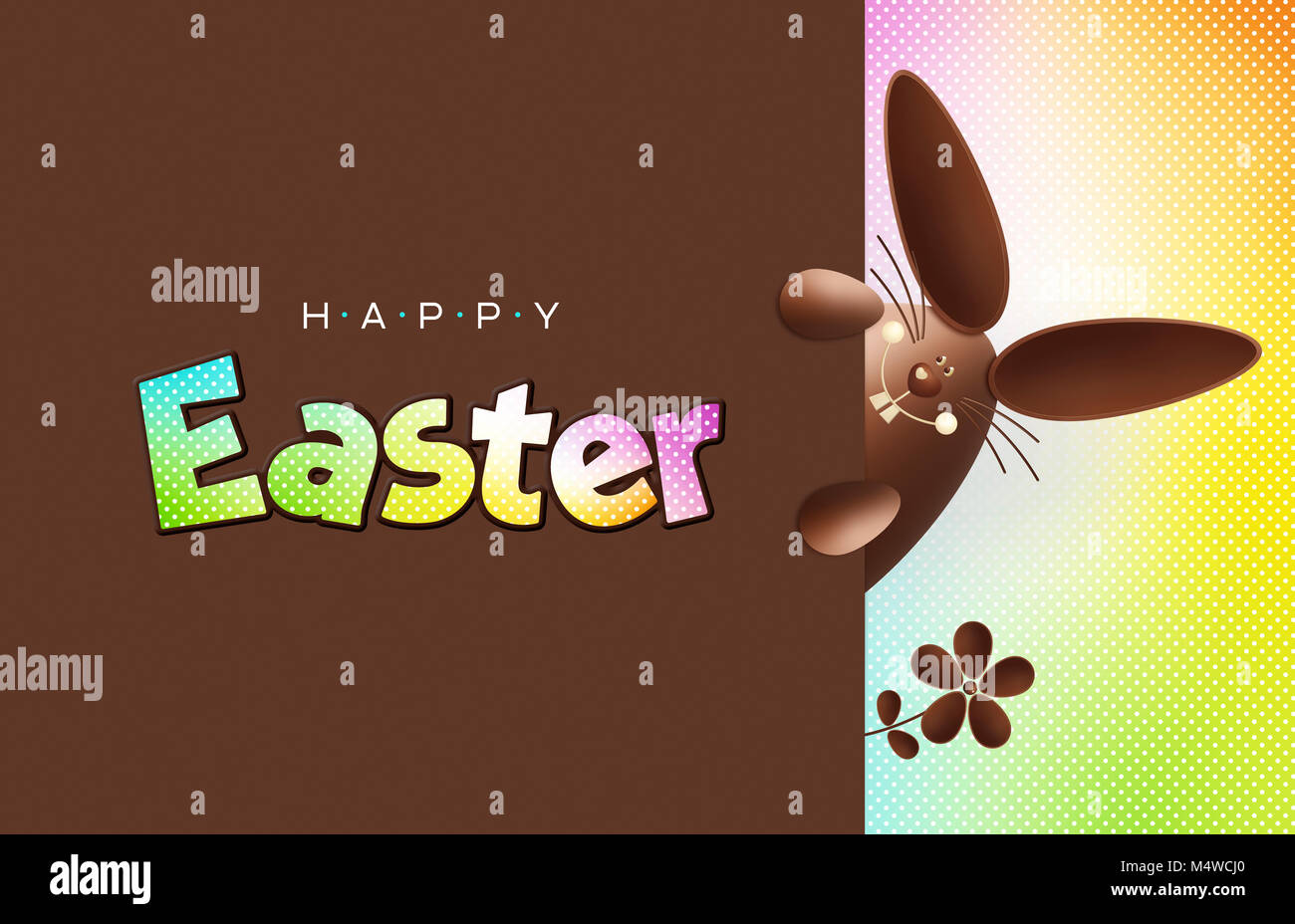 happy easter, chocolate funny bunny showing the sign with text on ...