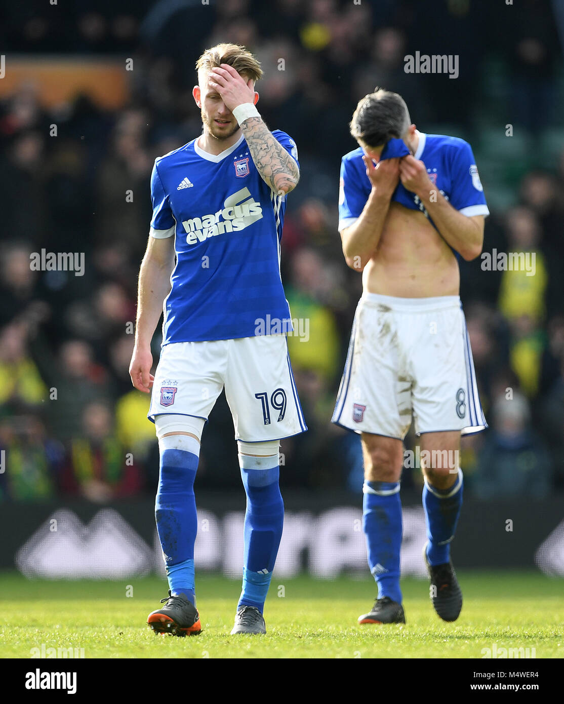Ipswich Town's Luke Hyam (left) and Cole Skuse look dejected at the ...