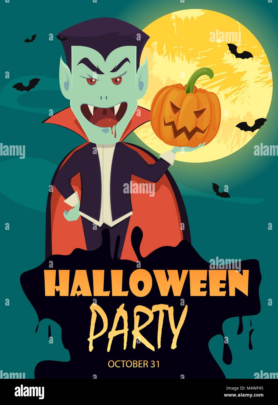 Halloween invitation or greeting card. Funny vampire holding pumpkin ...