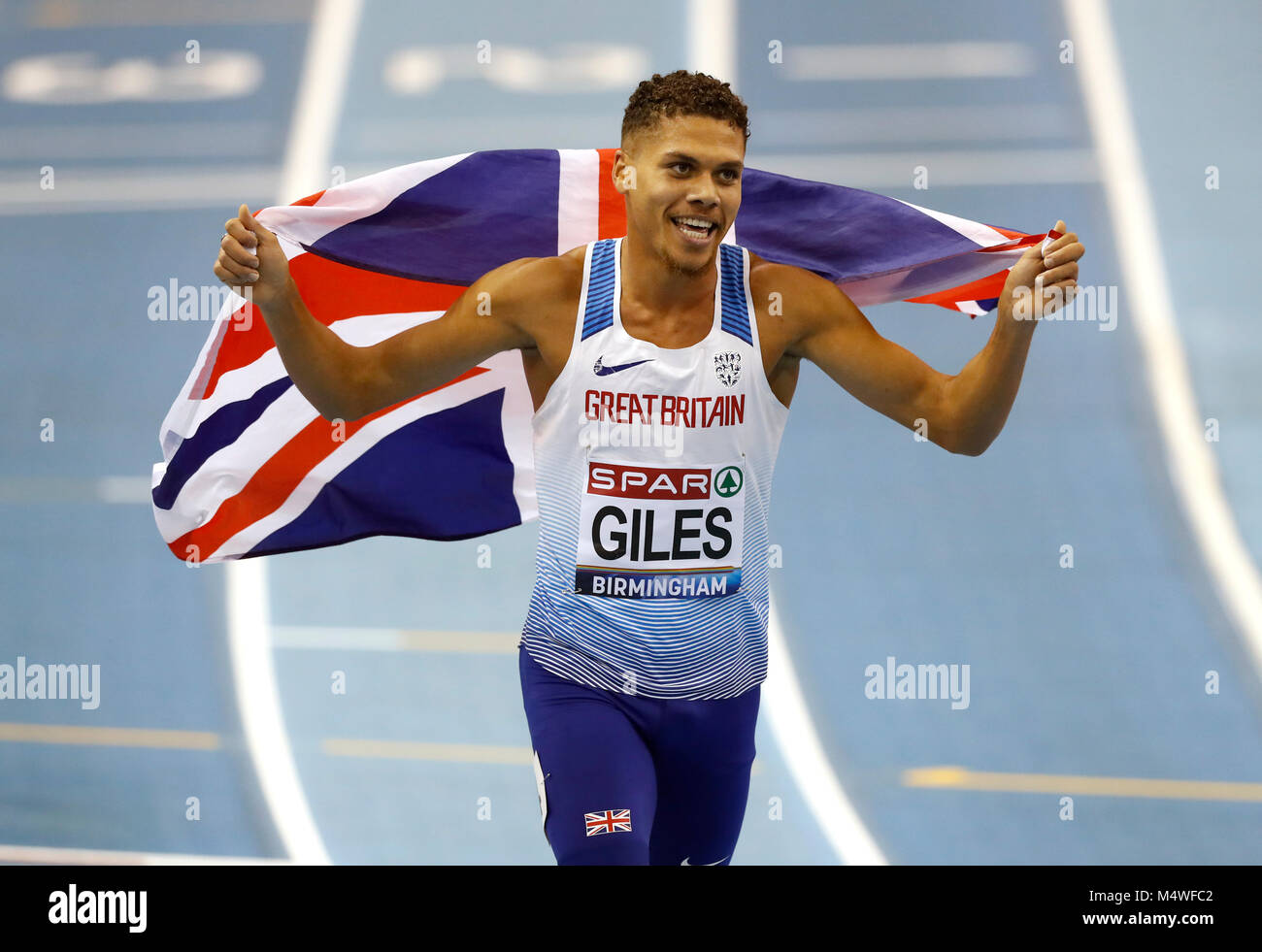 Elliot Giles celebrates winning the Men's 800m during day two of the ...