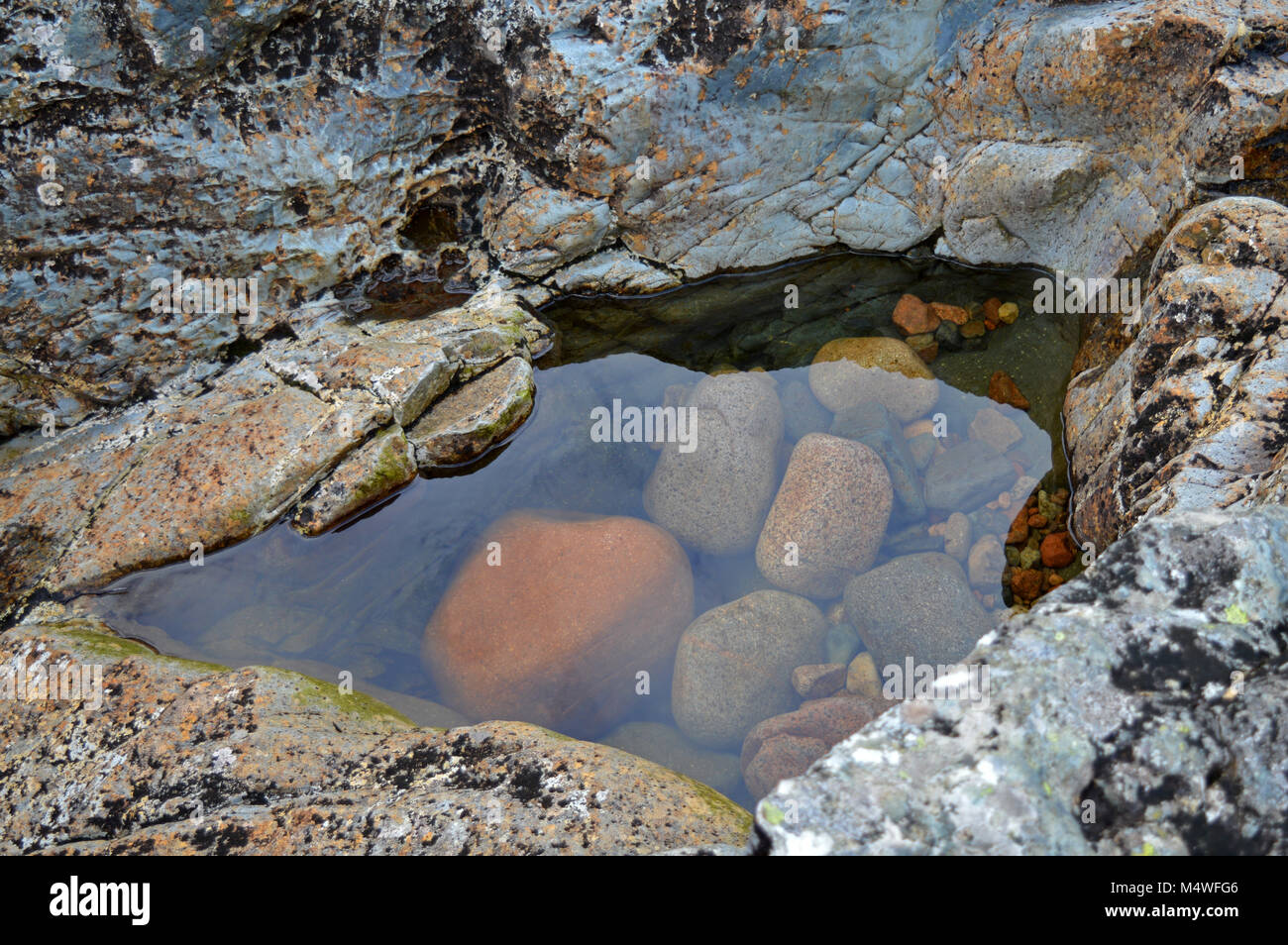 A variety of coloured stones in a rockpool alongside the river Etive ...