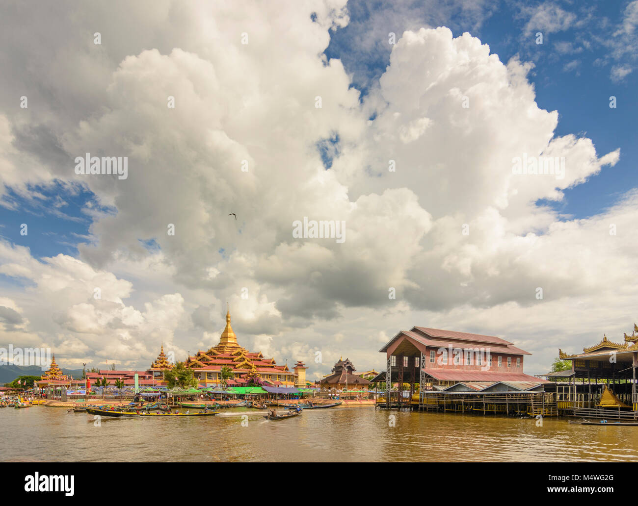 Tha Lay: temple pagoda Phaung Daw Oo Paya, boat, canal, boat house of ...