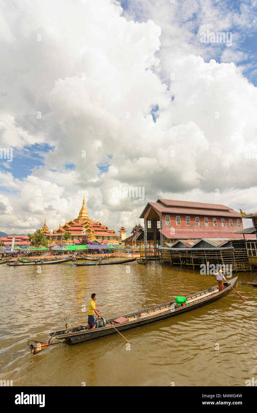 Tha Lay: temple pagoda Phaung Daw Oo Paya, boat, canal, boat house of procession barge (right ...